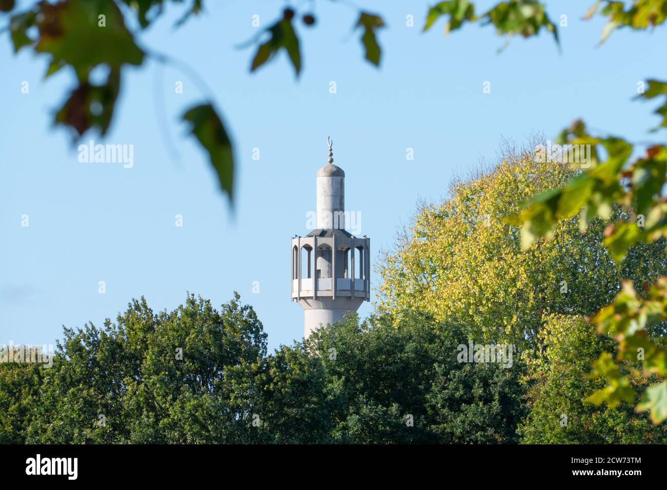 London Central Mosque or Regent's Park Mosque tower emerges above the ...