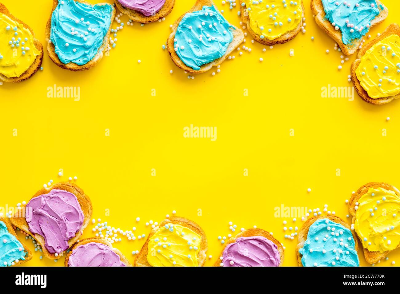 Unicorn colored toast bread slices. Food background, top view Stock ...