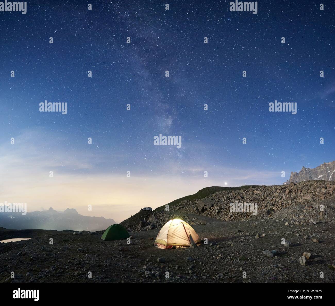 Fantastic view of night camping in mountainous region. Magnificent ...