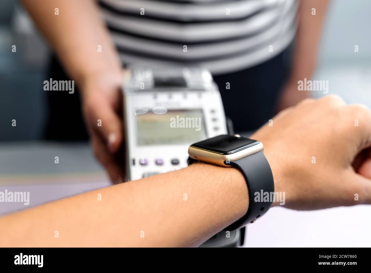 Top view of contactless payment with smart watch. Technology of paypass ...
