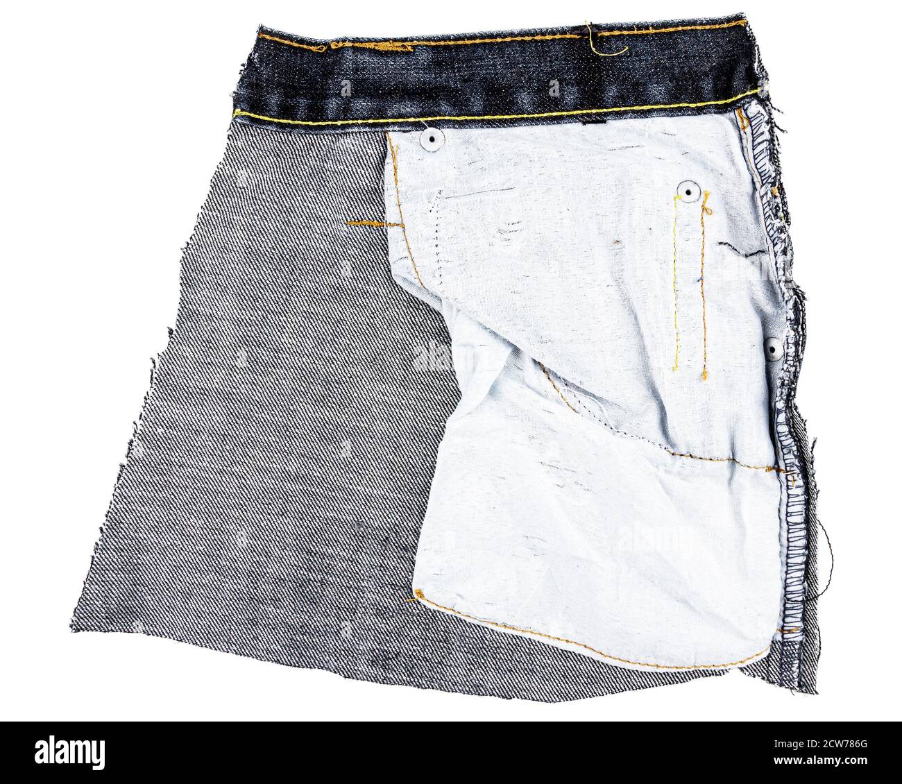 Piece of black jeans fabric isolated on white background. Rough uneven ...