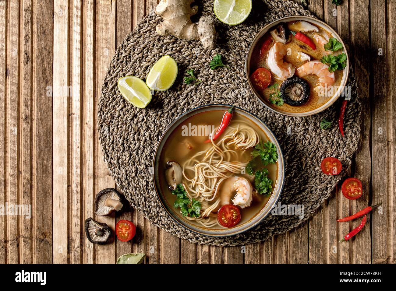 Variety of asian soups. Traditional spicy Thai tom yum kung and noodles ...