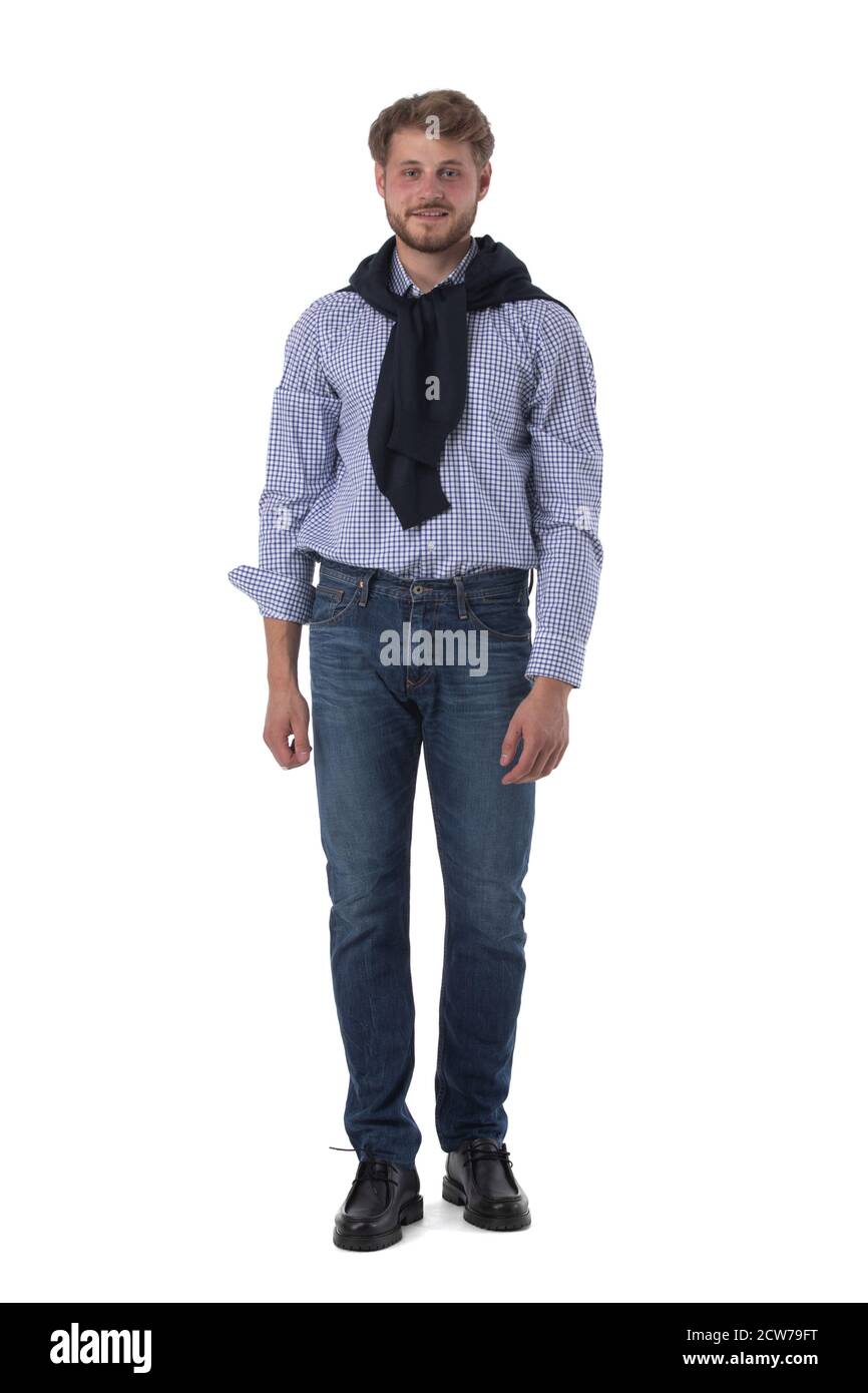 Full length portrait of handsome young man isolated on white background ...