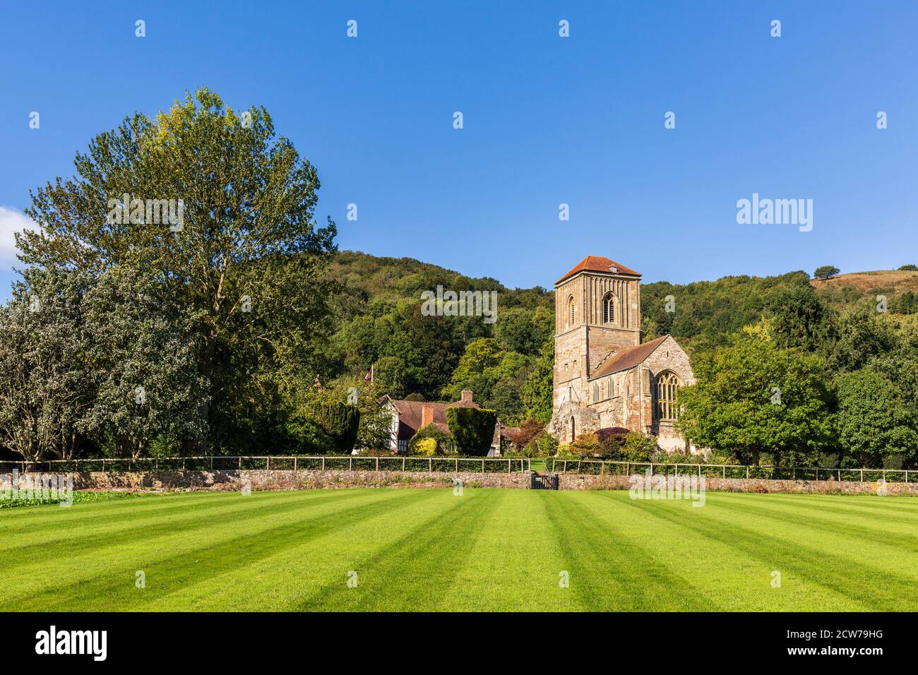 Little Malvern Priory and Little Malvern Court with the Malvern Hills ...