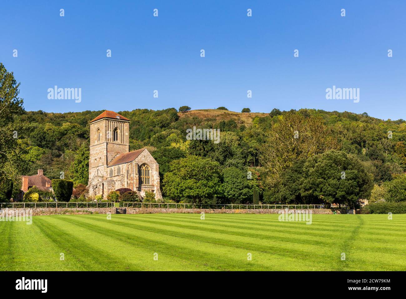Little Malvern Priory and Little Malvern Court with the Malvern Hills ...