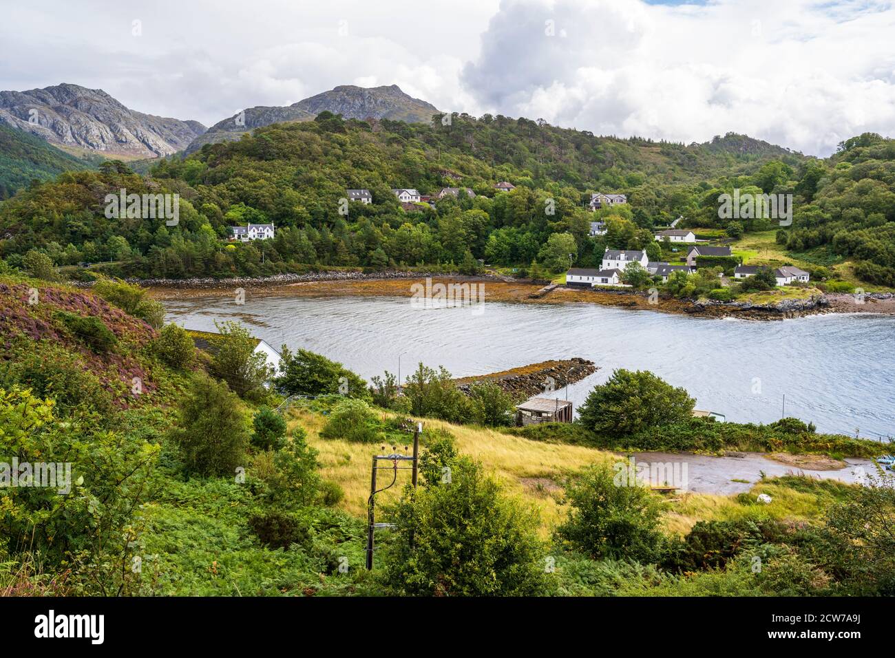 Elevated view of sheltered bay at Charlestown on Loch Gairloch, Wester ...
