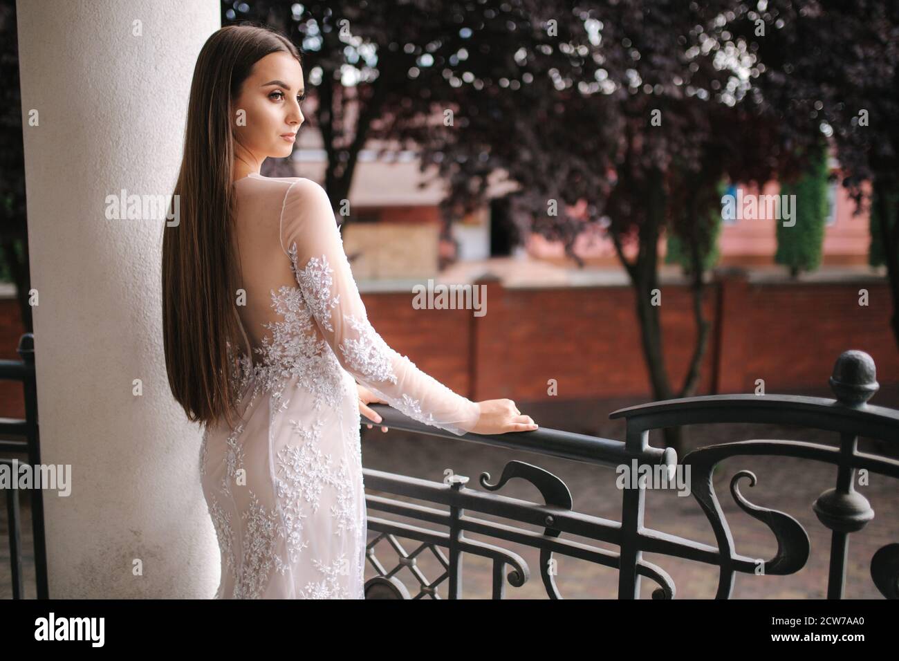 Beautiful young model in evening drees posing to photographer Stock ...
