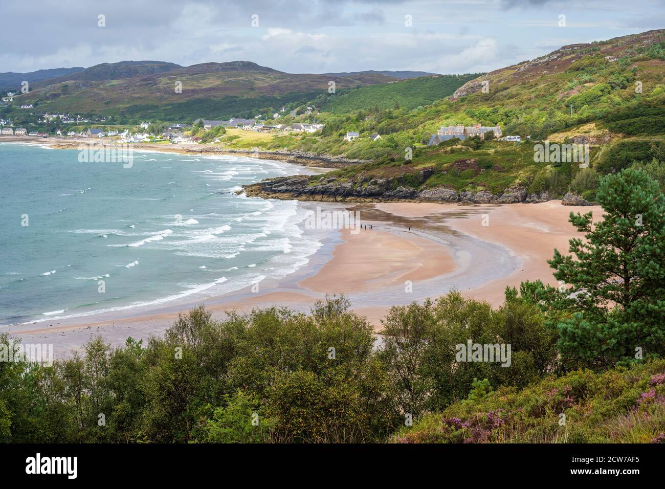 View of Gairloch Beach (Gaineamh Mhòr) looking north with coastal town ...