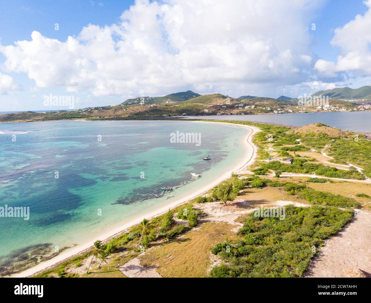 Wide Angle, Aerial drone view of the caribbean island of french Saint ...
