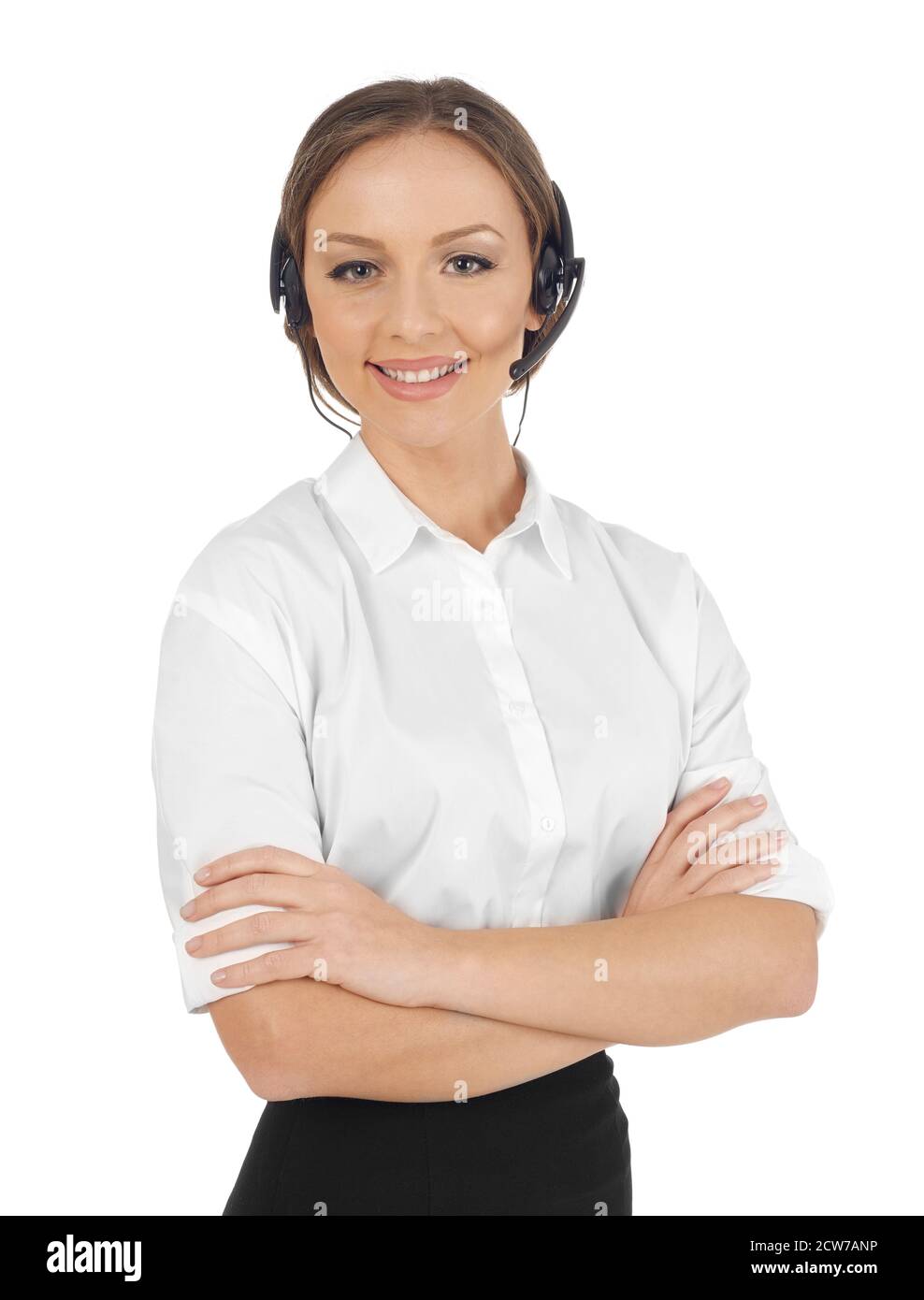 Young phone operator woman with headset, white background Stock Photo ...
