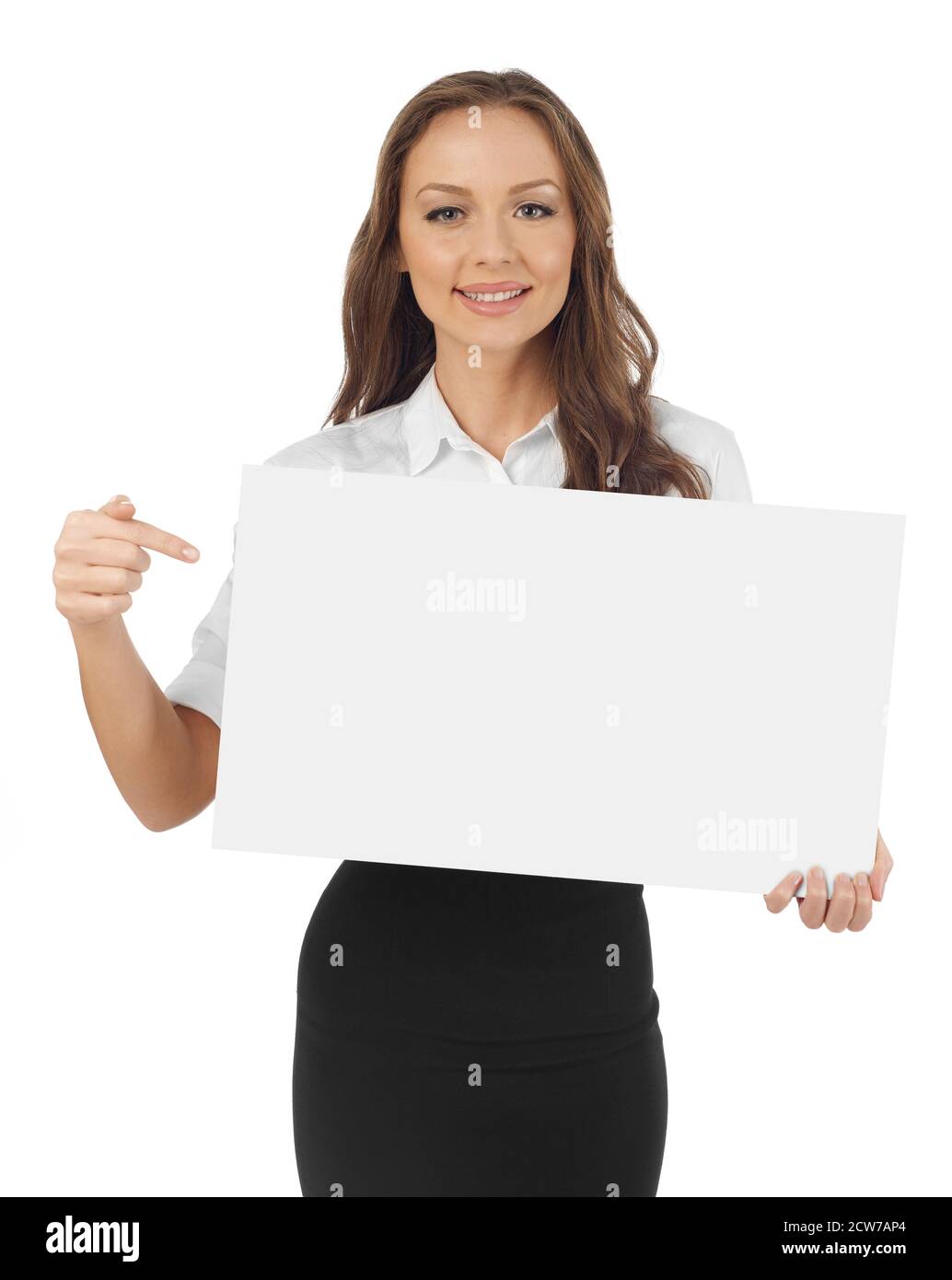 Young woman holding a banner, white background Stock Photo - Alamy