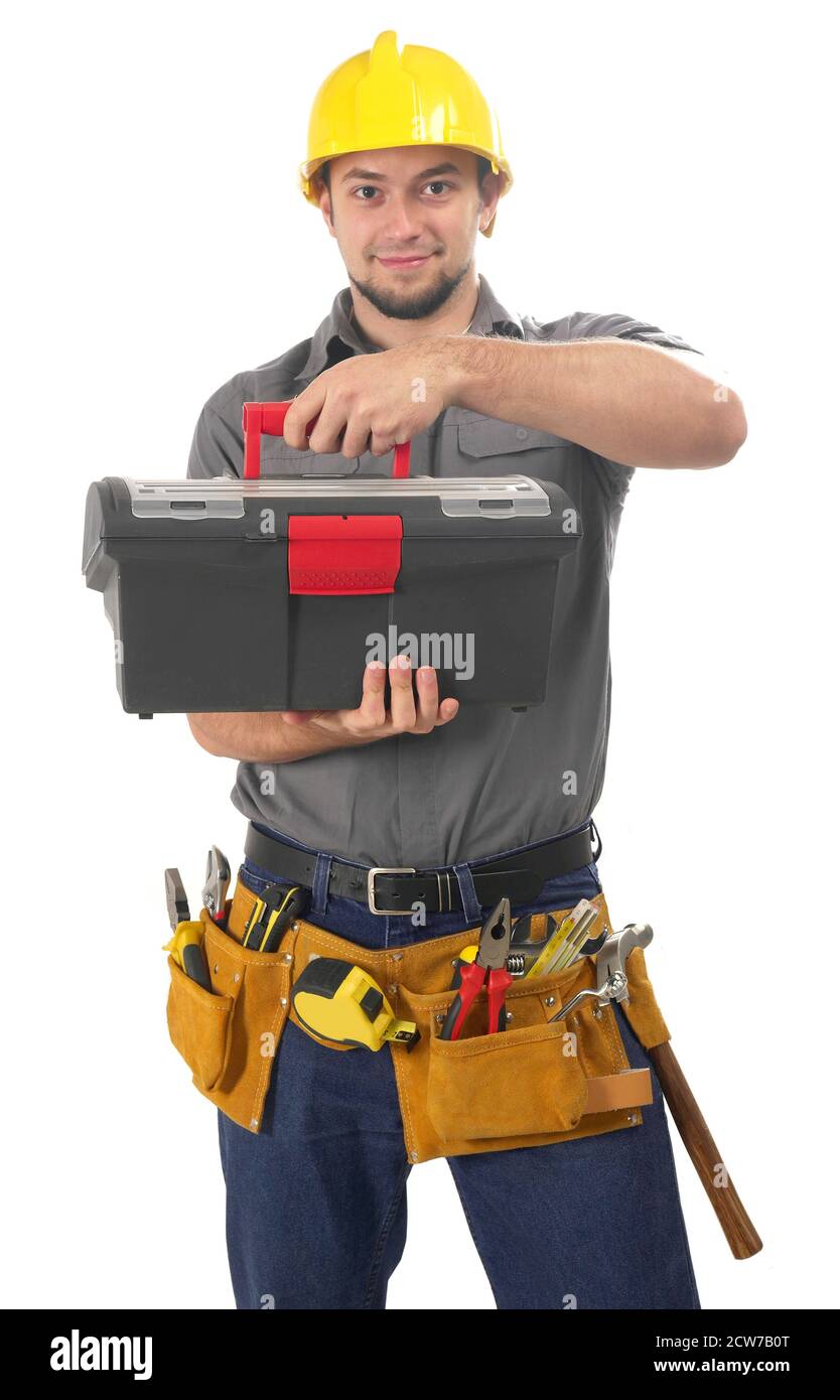 Worker with tool belt and toolbox isolated Stock Photo - Alamy