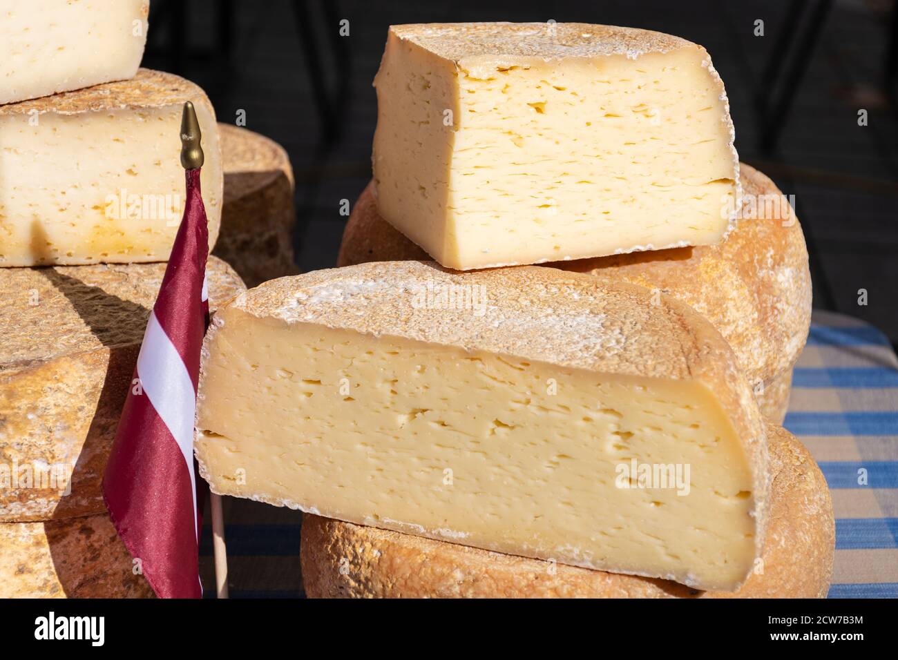 Variety homemade bio natural cheese in a street food market in Latvia ...