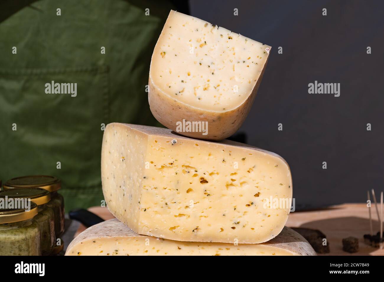 Variety homemade bio natural cheese in a street food market Stock Photo ...