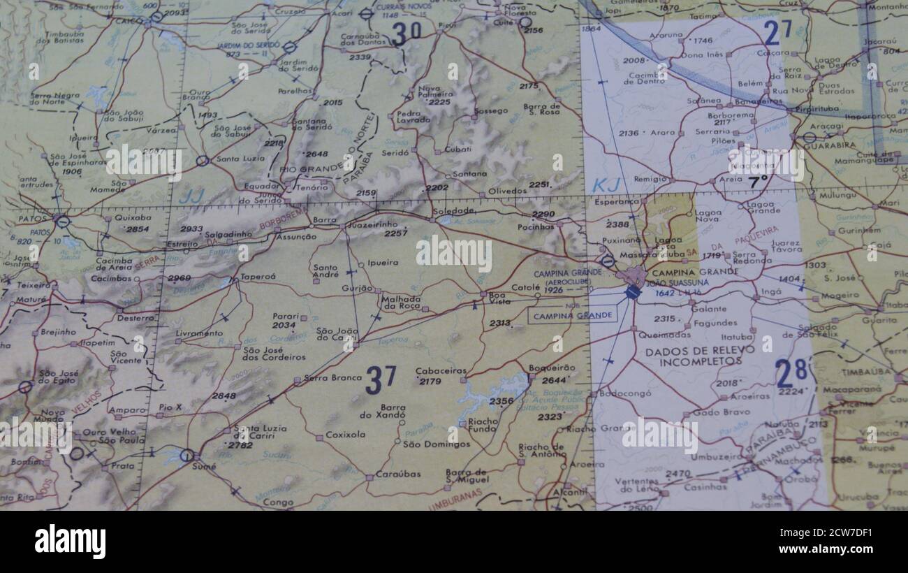 Flight chart or map, color photo, map of Brazil, with indications of ...