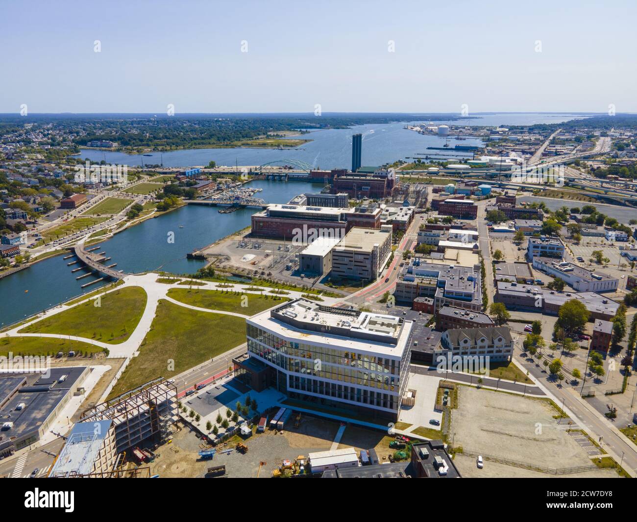 Providence River and Bridge aerial view near river mouth in downtown ...