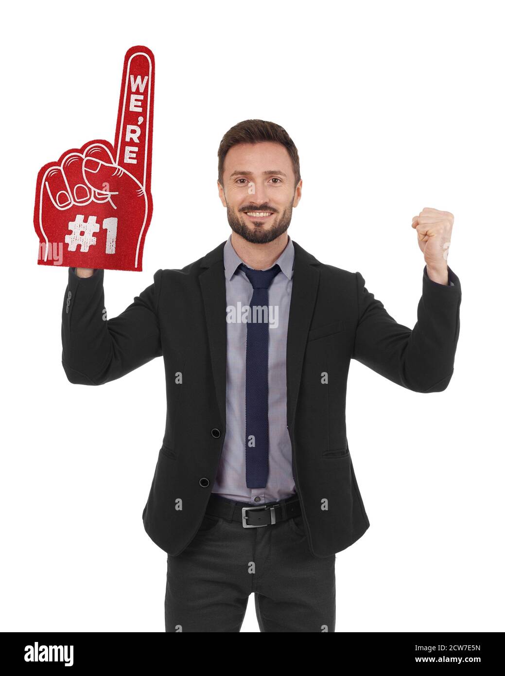 Business man with fan foam hand isolated on white Stock Photo - Alamy