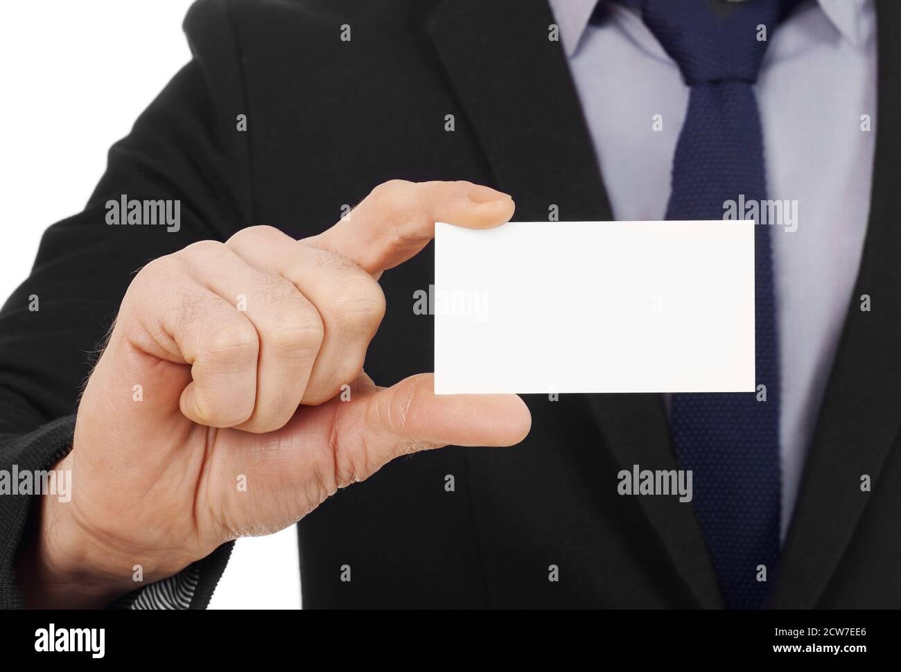 Man giving a business card, white background Stock Photo - Alamy