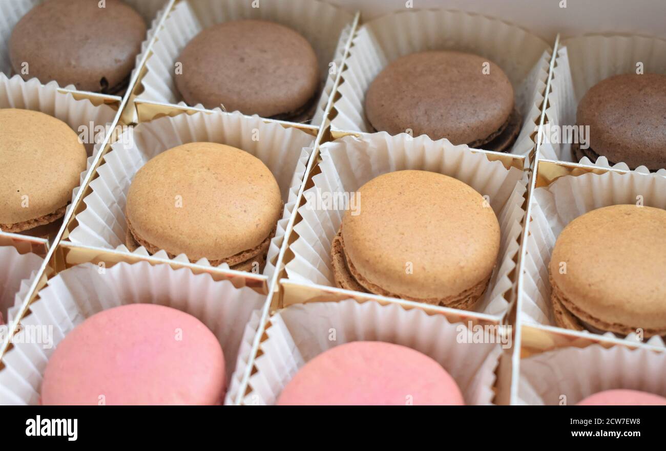 Close up on a box of pastel french macarons Stock Photo - Alamy