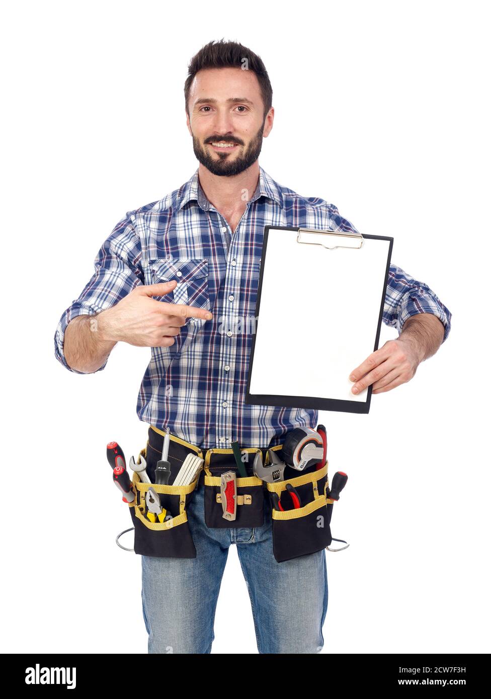Handyman with clipboard, white background Stock Photo - Alamy
