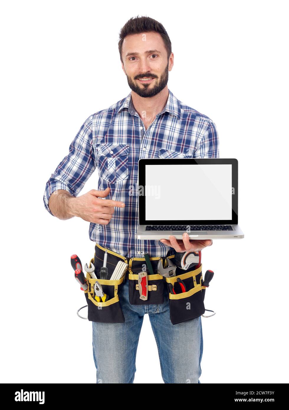 Handyman pointing ong laptop with blank screen, white background Stock ...