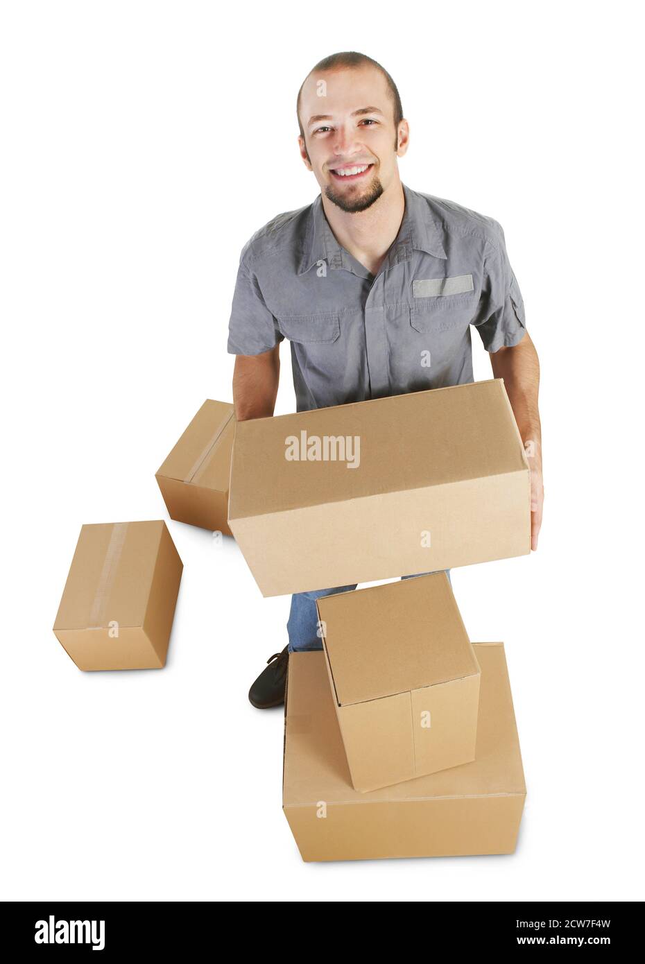 Man with boxes isolated on white Stock Photo - Alamy