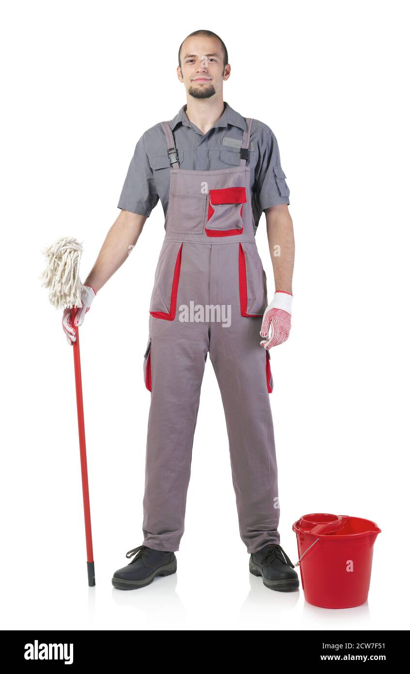 Cheerful janitor isolated on white Stock Photo - Alamy