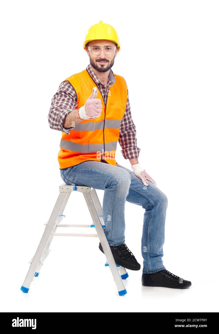 Carpenter sitting on a ladder and looking at camera, white background ...
