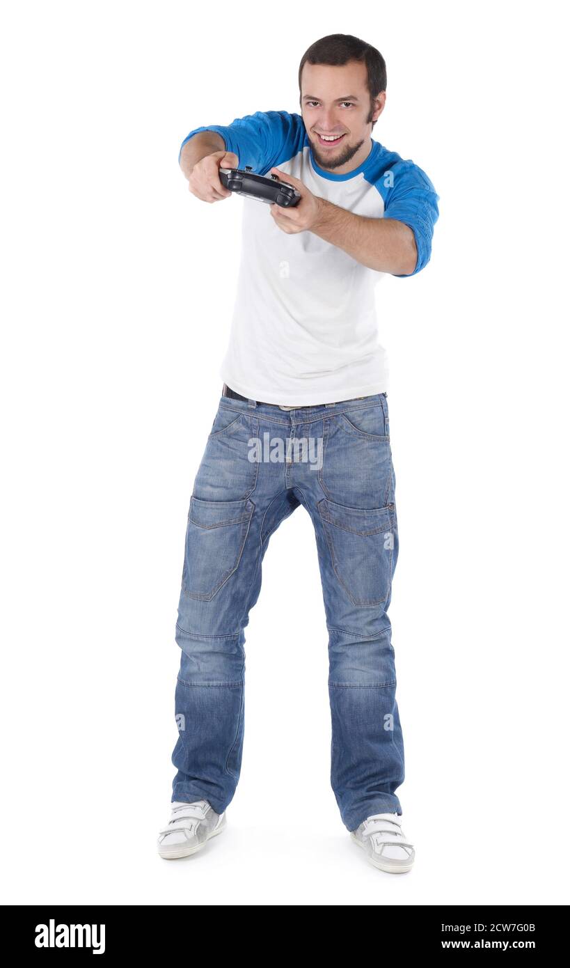 Man playing video games, white background Stock Photo - Alamy