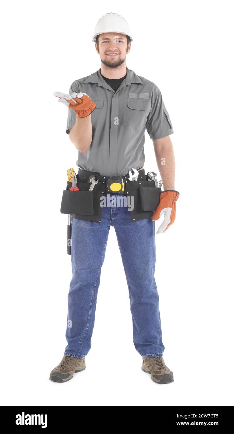 Handyman gesturing with hands, white background Stock Photo - Alamy