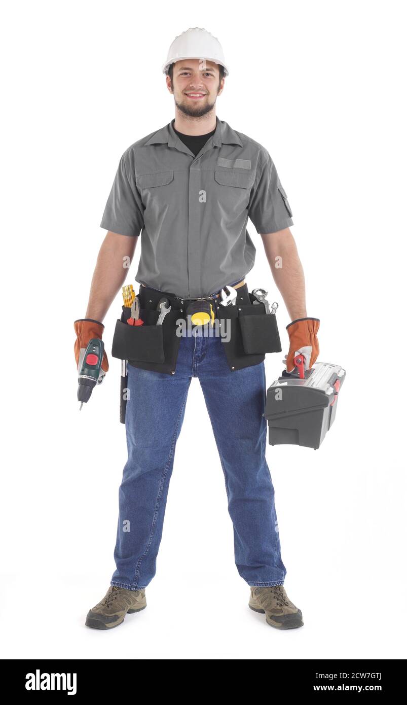 Handyman with power drill and toolbox, isolated on white Stock Photo ...