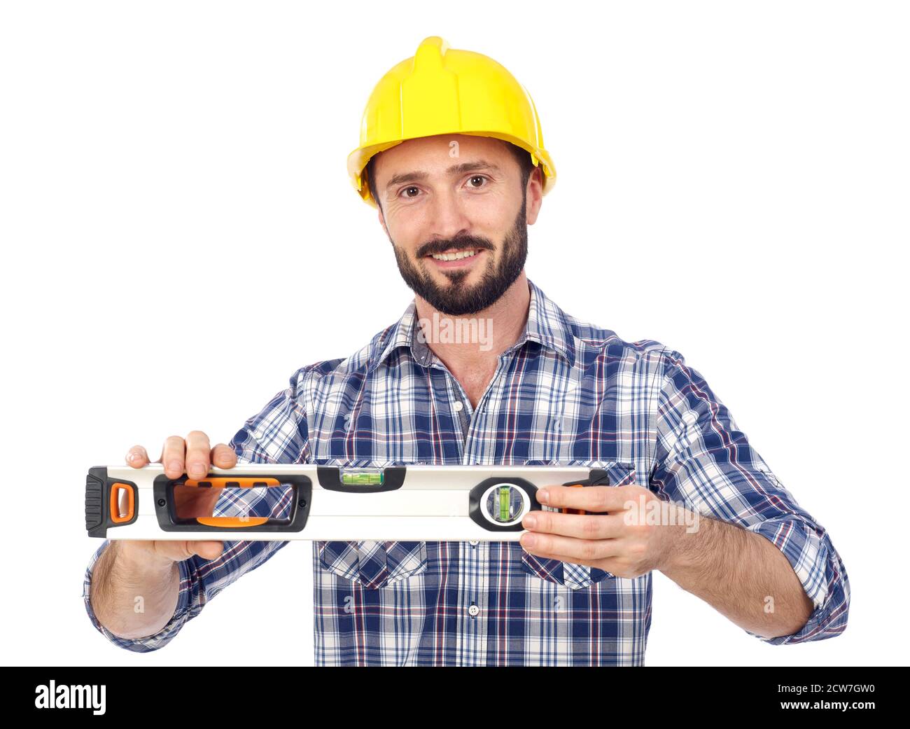 Handyman with level, looking at camera Stock Photo - Alamy
