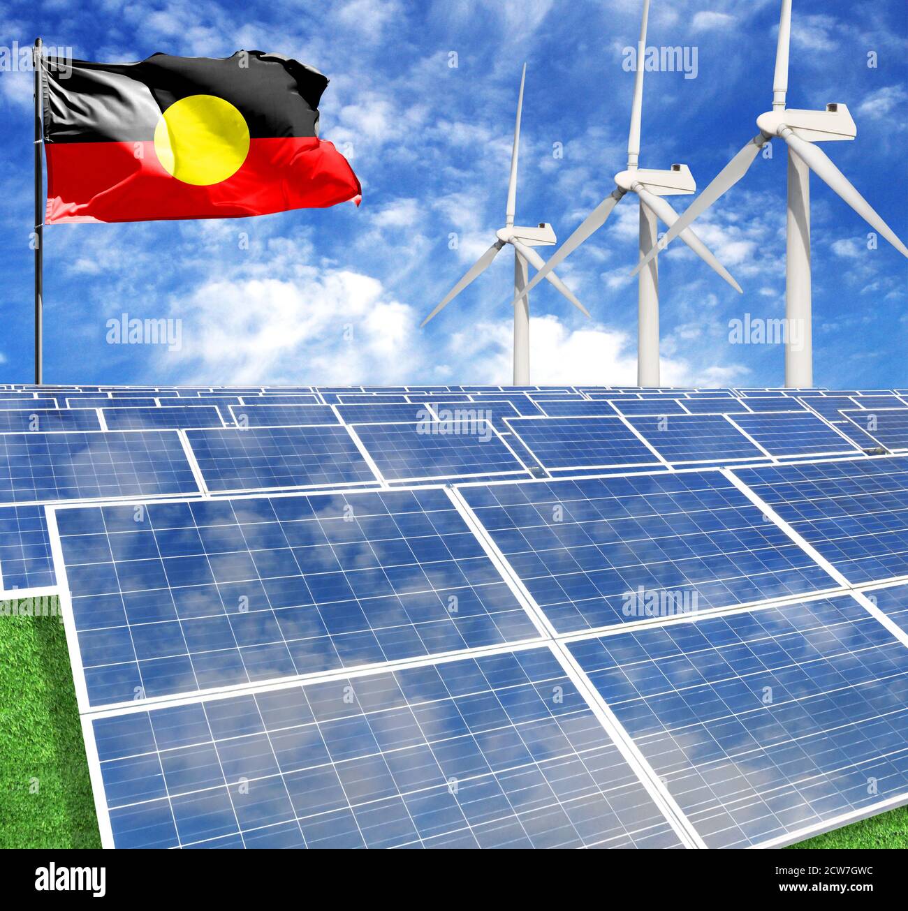 Solar panels on the background of a flagpole with the flag of ...