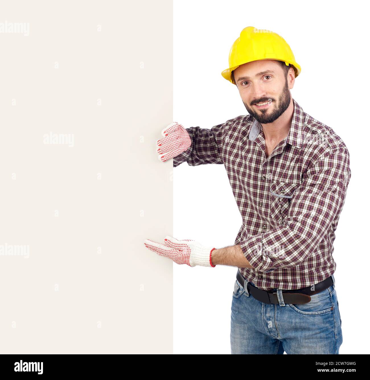 Cheerful capenter showing a blank board, white background Stock Photo ...