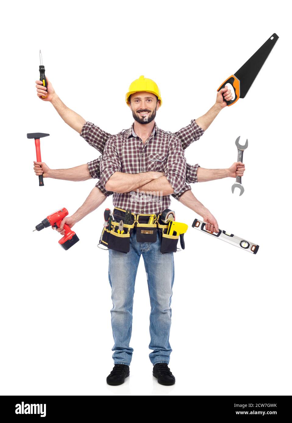 Cheerful carpenter looking at camera with tolls in six hands, white ...