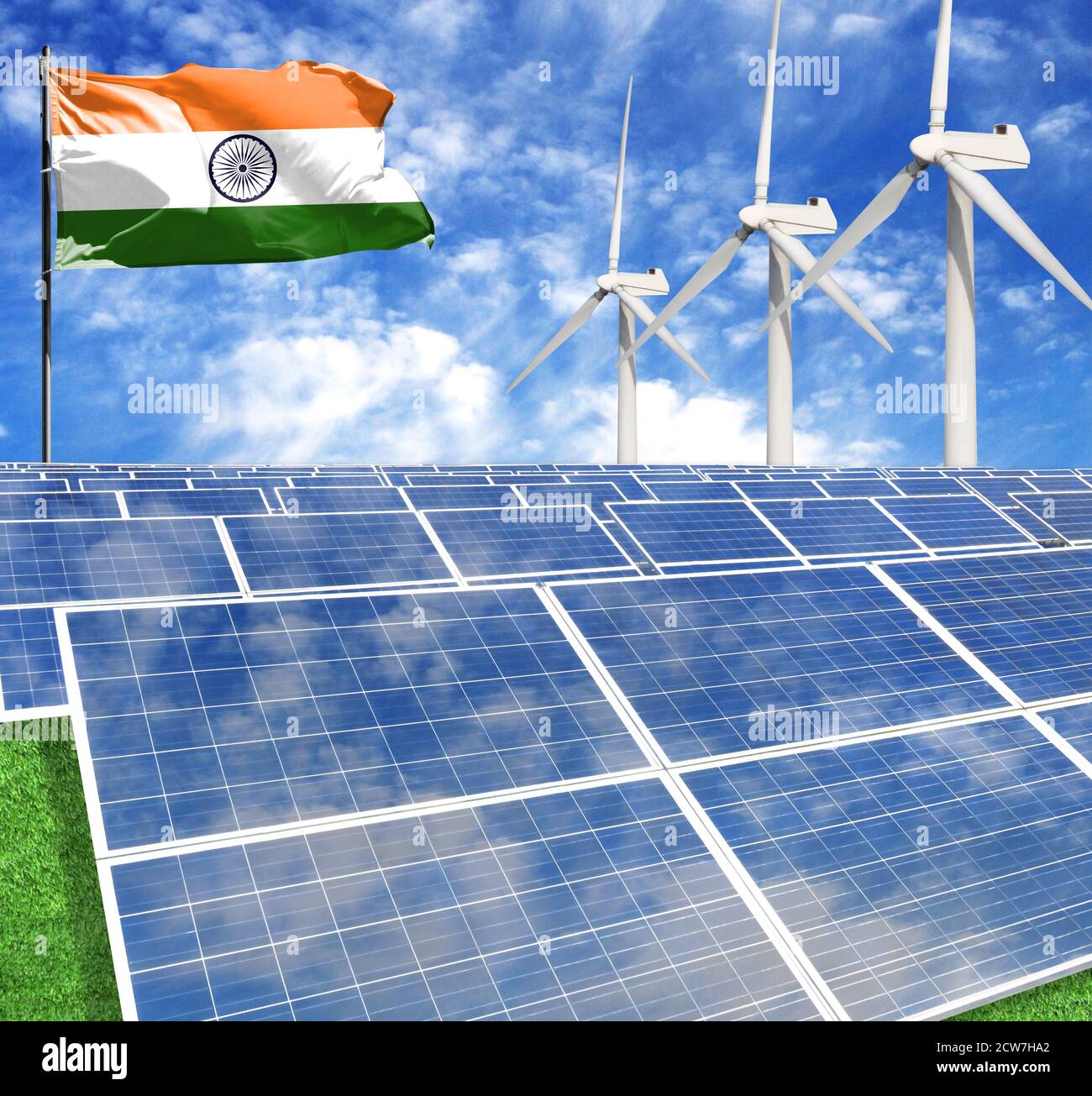 Solar panels on the background of a flagpole with the flag of India and ...