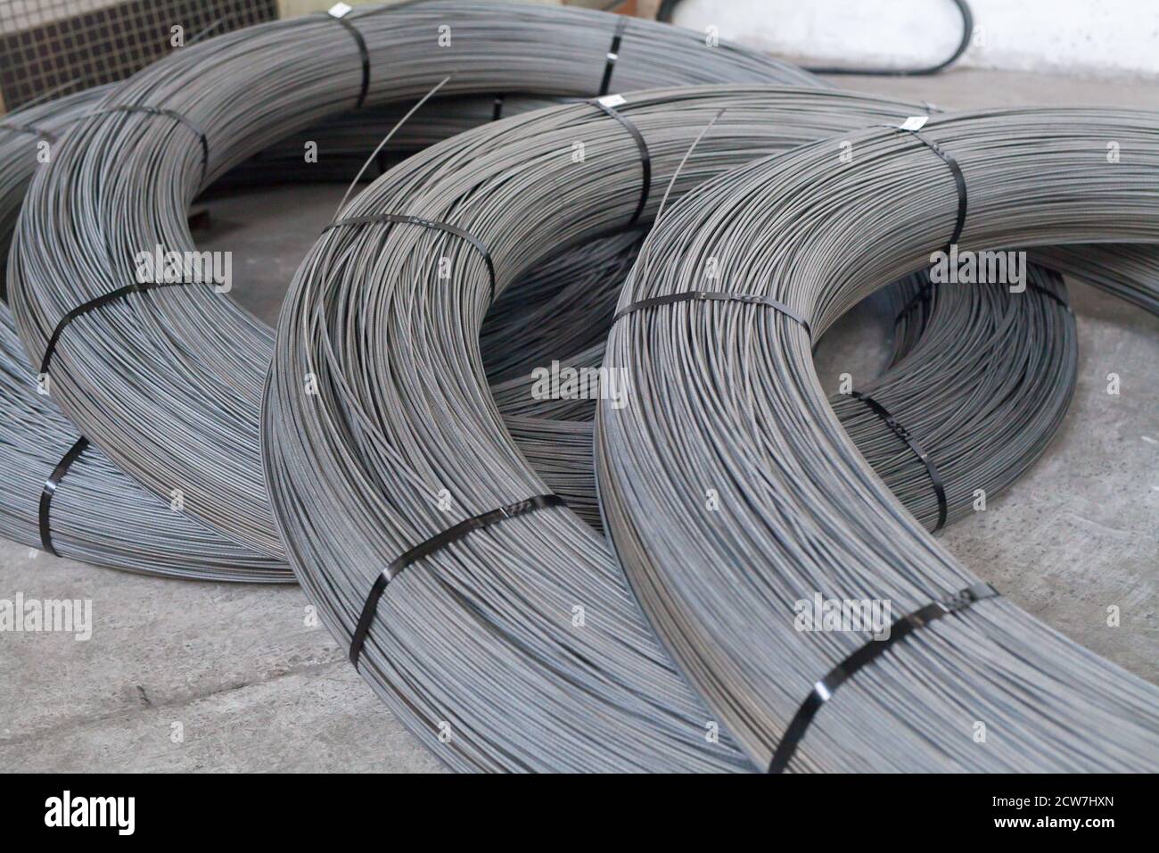 Wire rod, rebar, mesh in warehouses. production warehouse at the cable ...