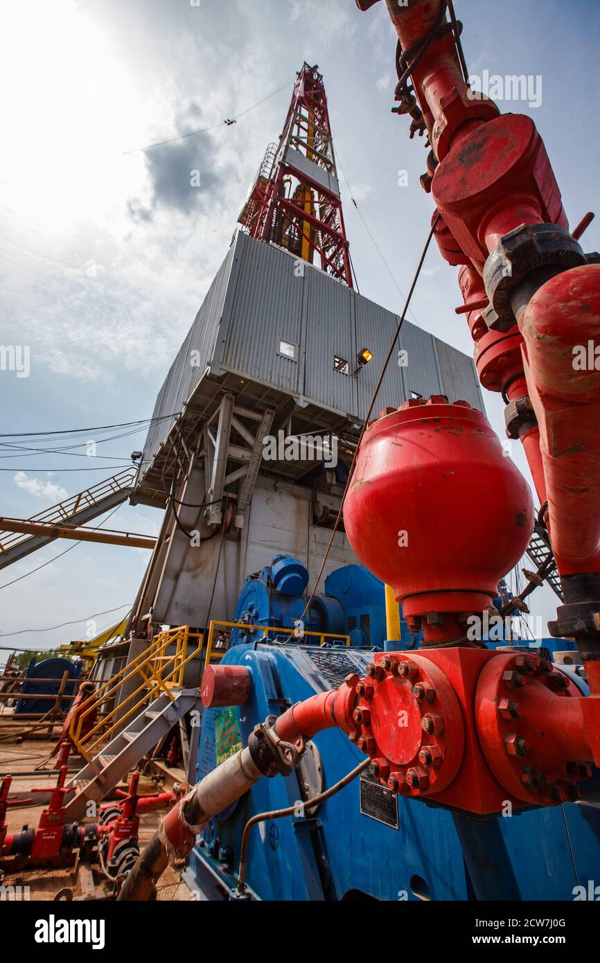 Zhaik-Munai oil deposit, Kazakhstan. Mud pump for drilling rig, pipes ...