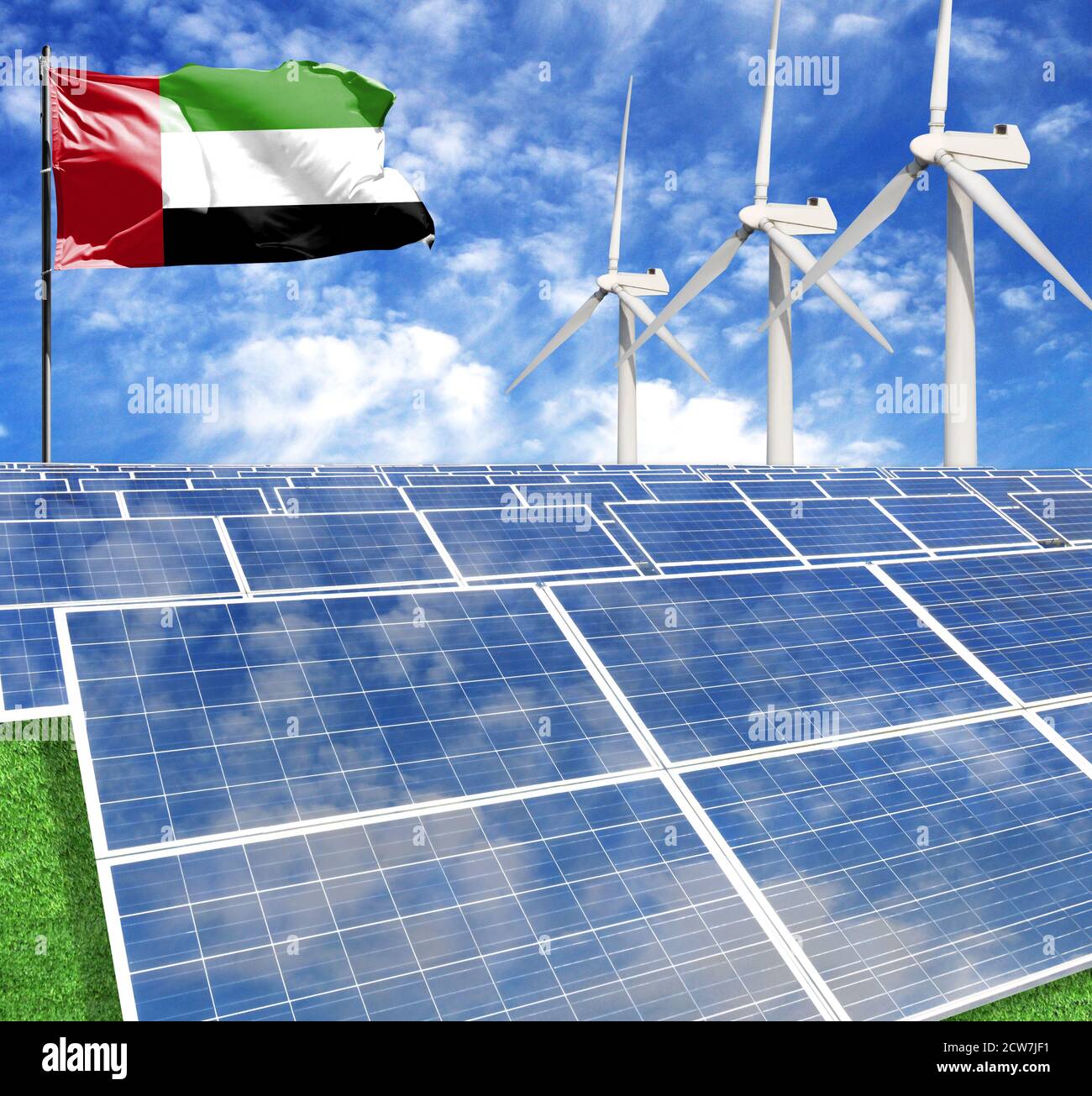 Solar panels on the background of a flagpole with the flag of United ...