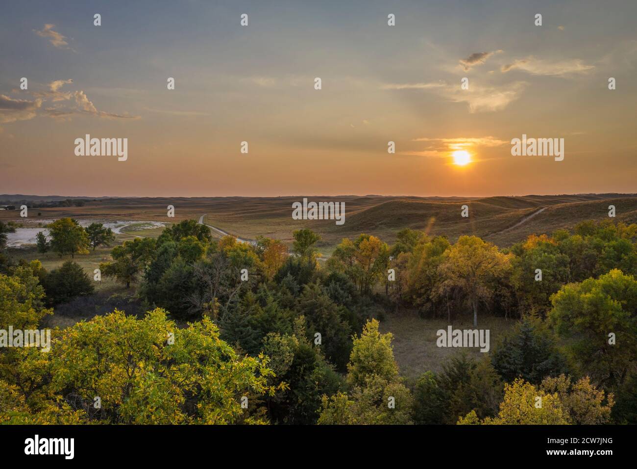 sunset over Nebraska Sandhills at Nebraska National Forest, aerial view ...