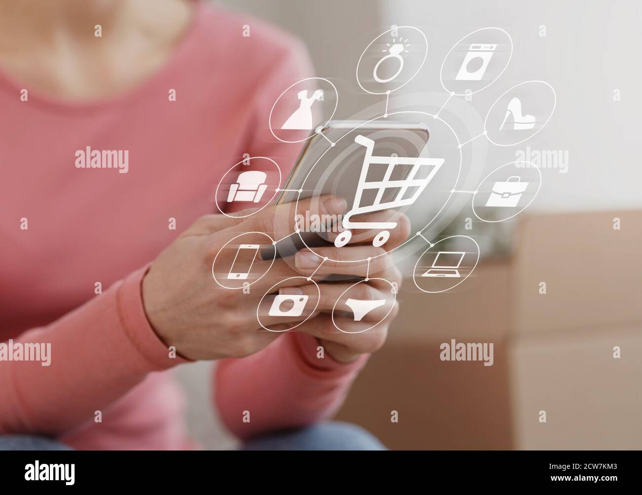 Young lady using mobile phone for online shopping at home, collage with ...