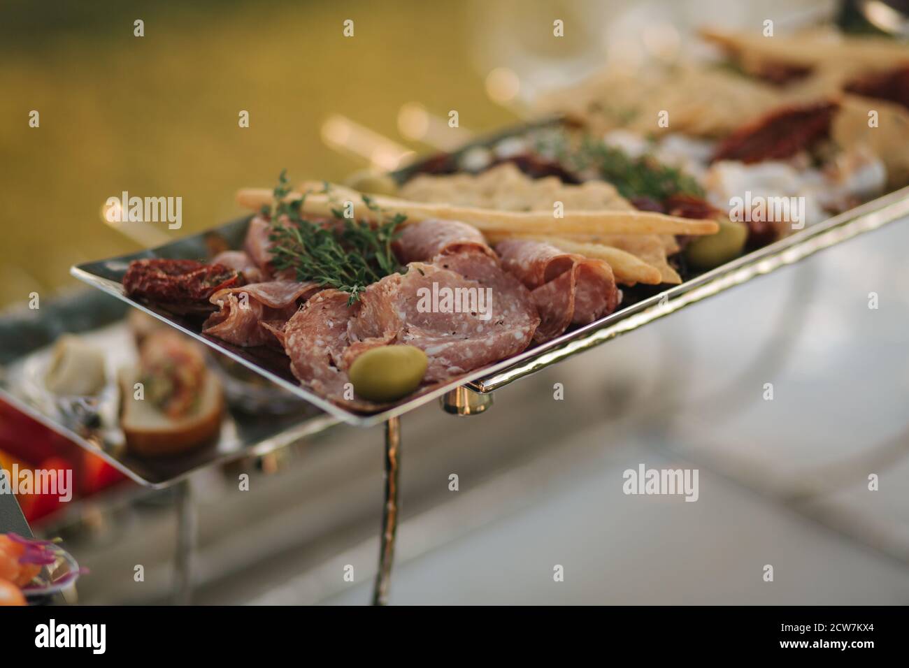 Different luzury snacks and antipasto on party. Gig table with snack ...