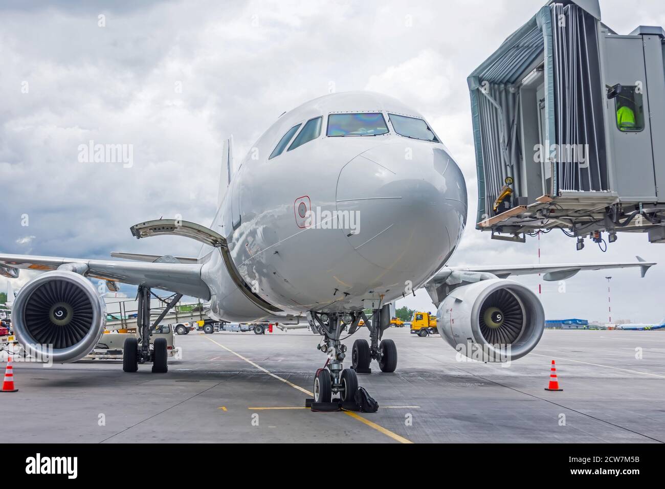 Plane ladder connected to airplane and ready to pass people at the ...