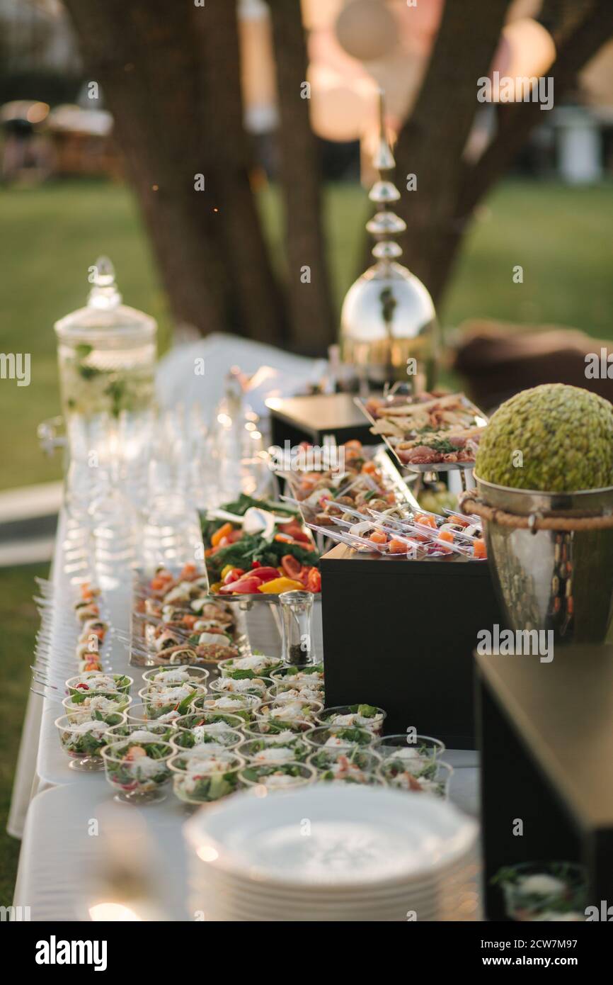 Big table with different luxury snacks on the deluxe party outdoors in ...