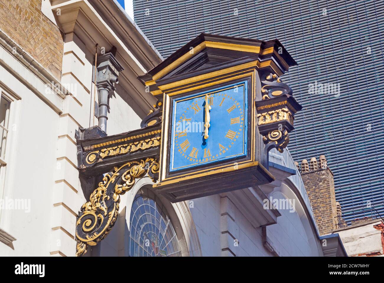 City of London. The large, ornamental clock at the church of St Mary-at ...