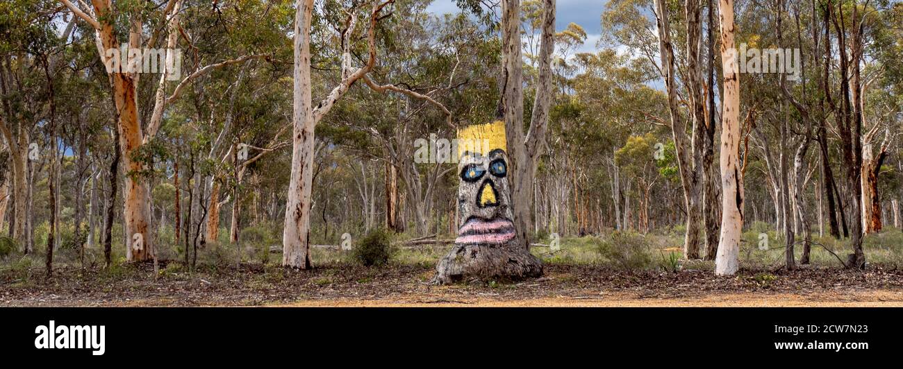 Painted face on a tree trunk stump near the Great Southern Highway York ...