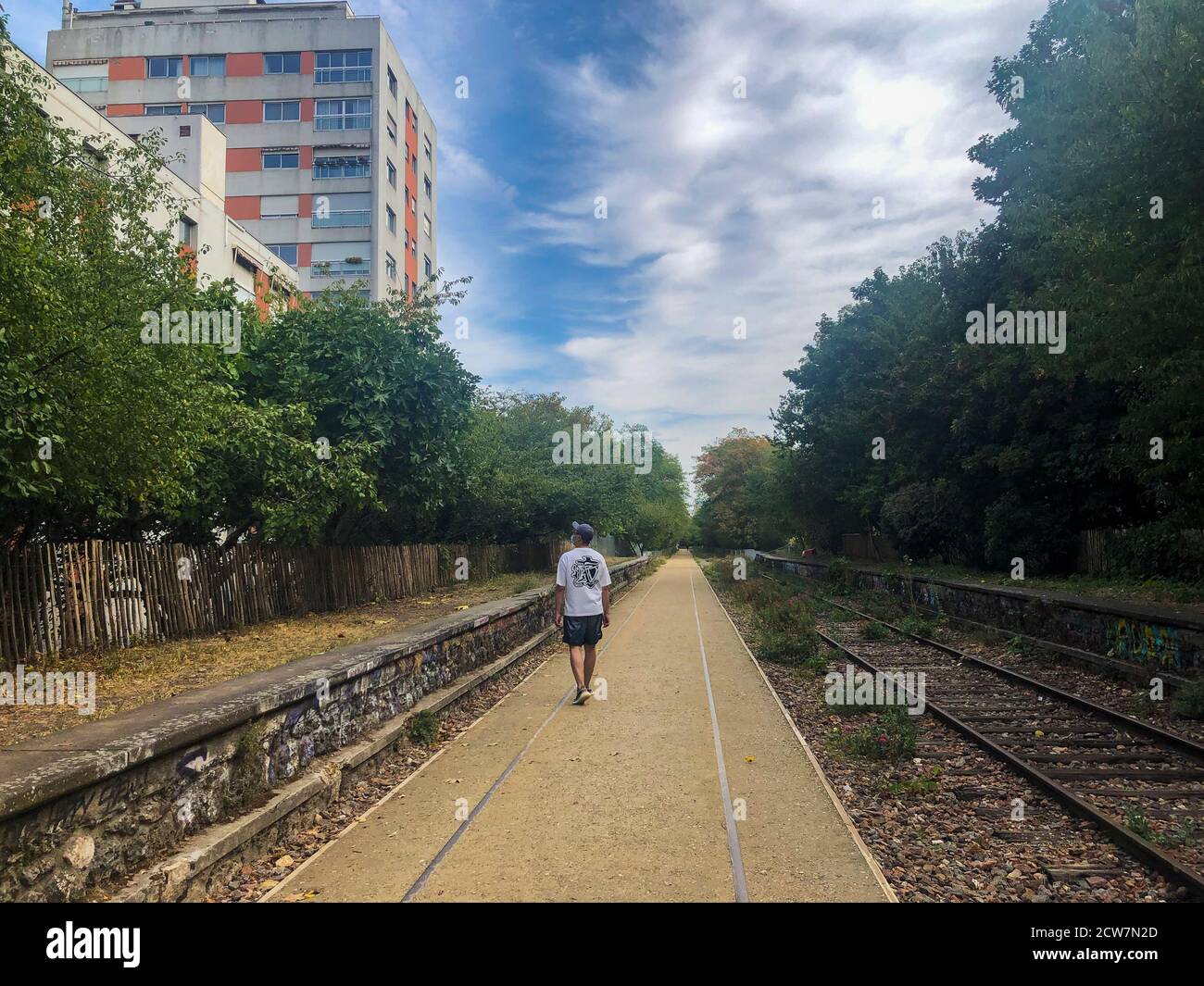 Paris, France, Man rear, Walking on Promenade Plantee Pathway, Urban ...