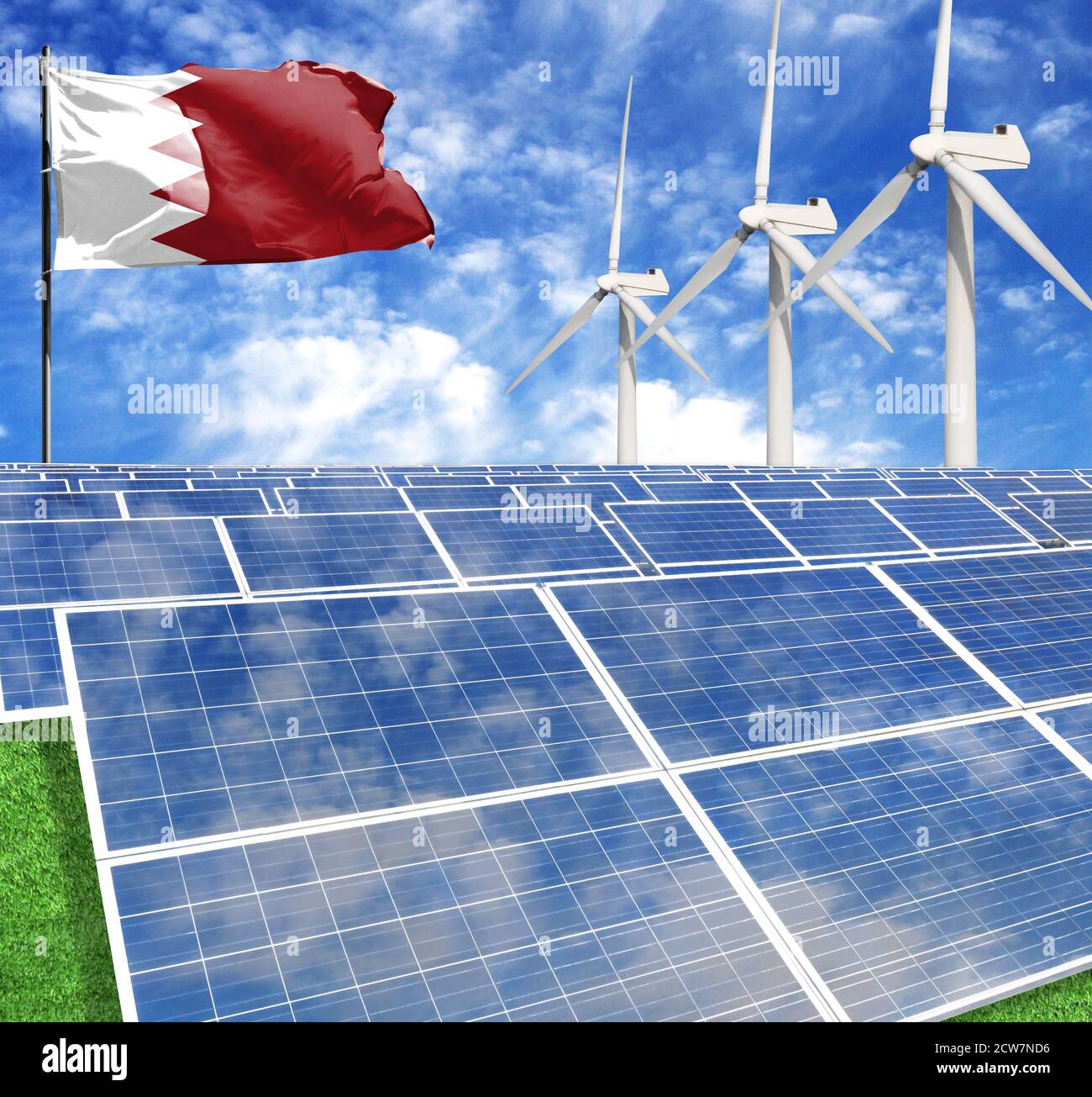 Solar panels on the background of a flagpole with the flag of Bahrain ...