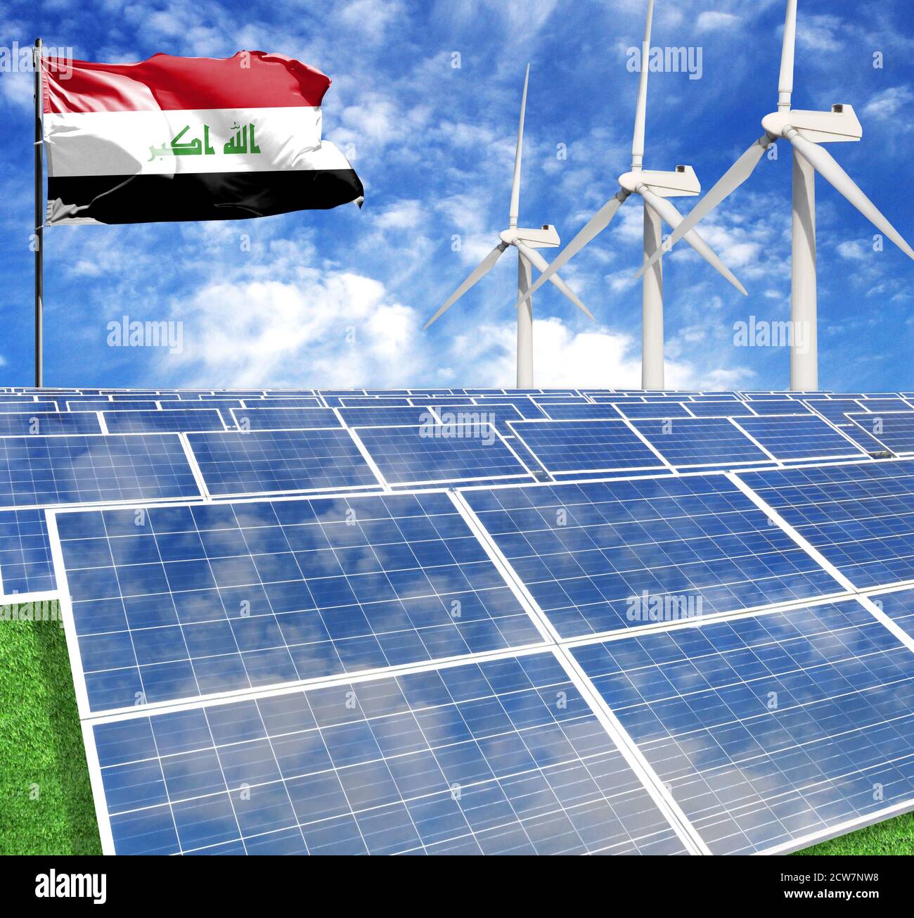 Solar panels on the background of a flagpole with the flag of Iraq and ...