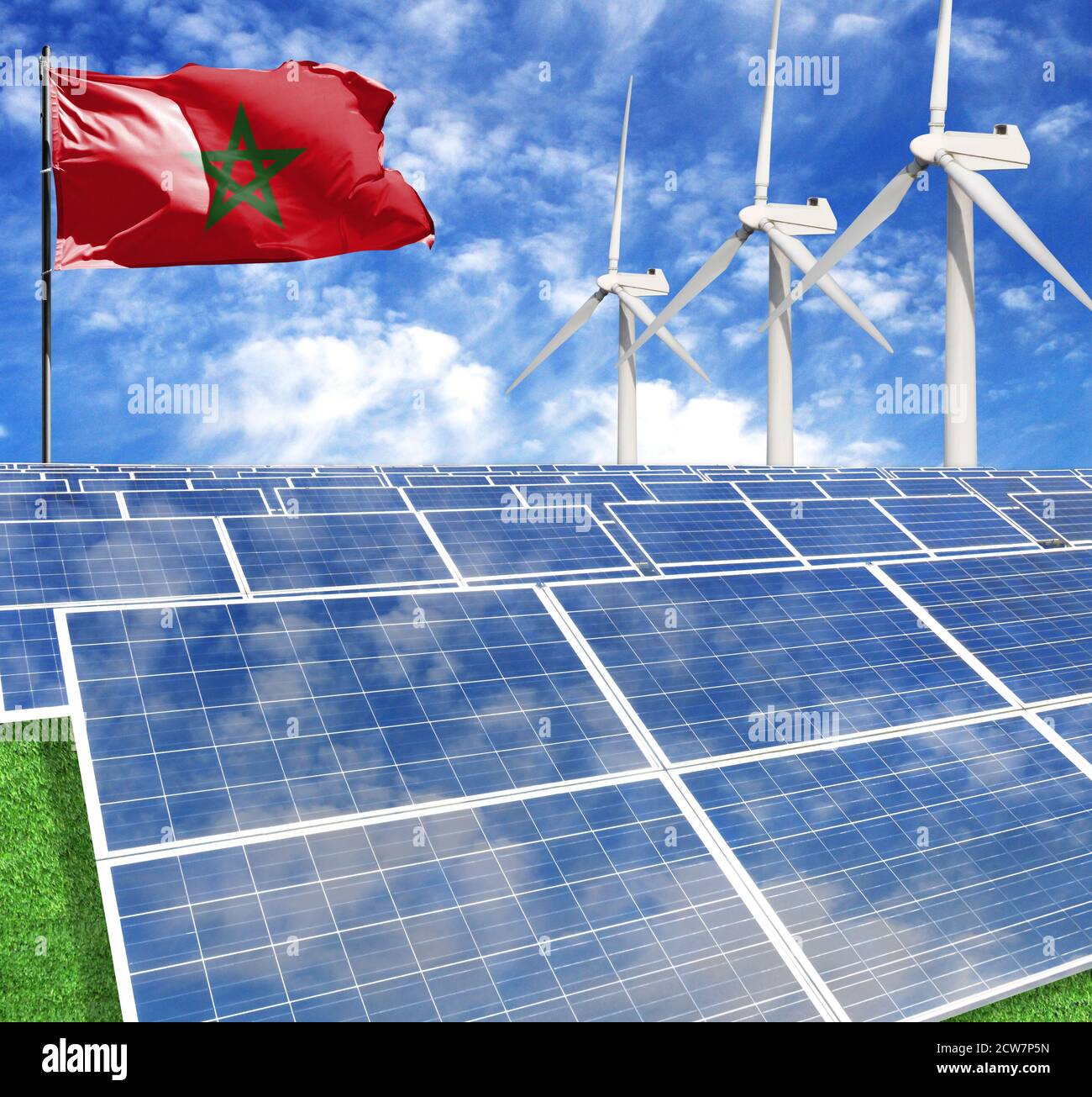 Solar panels on the background of a flagpole with the flag of Morocco ...